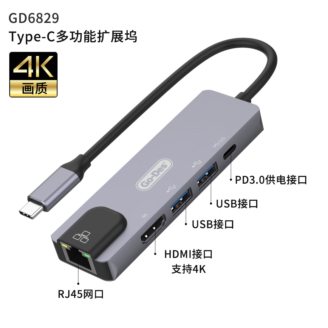 Go-Des 5 in1 Type C to HDTV 2 USB +PD3.0+RJ45 4K high speed,3.0 data e ...