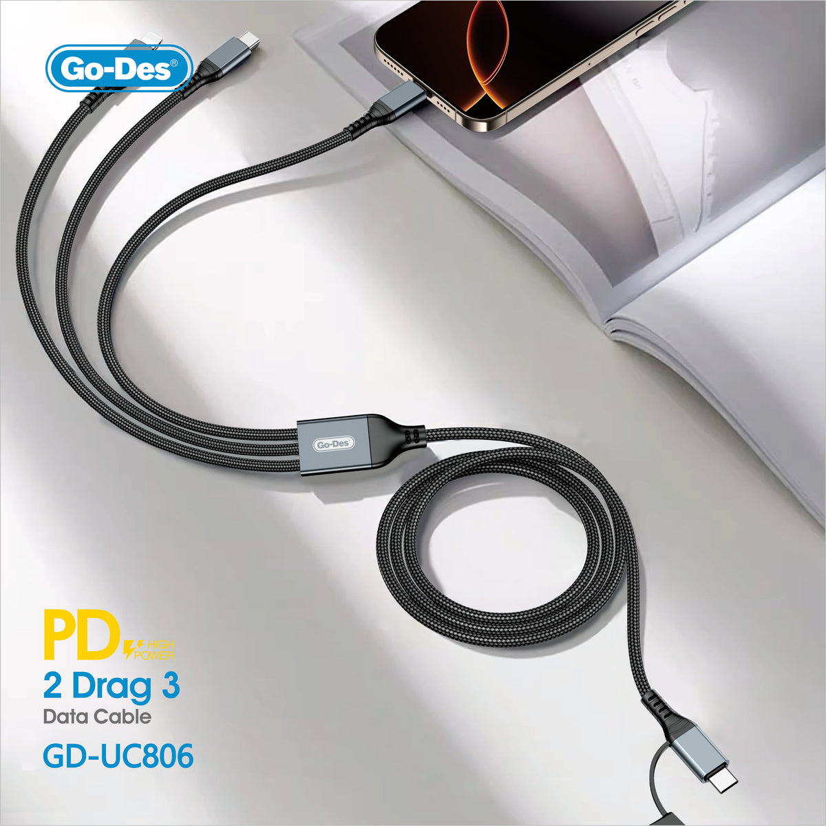 Go-Des 4in1 100W Fast Charging Cable USB + Type-C Input with Dual Outp ...