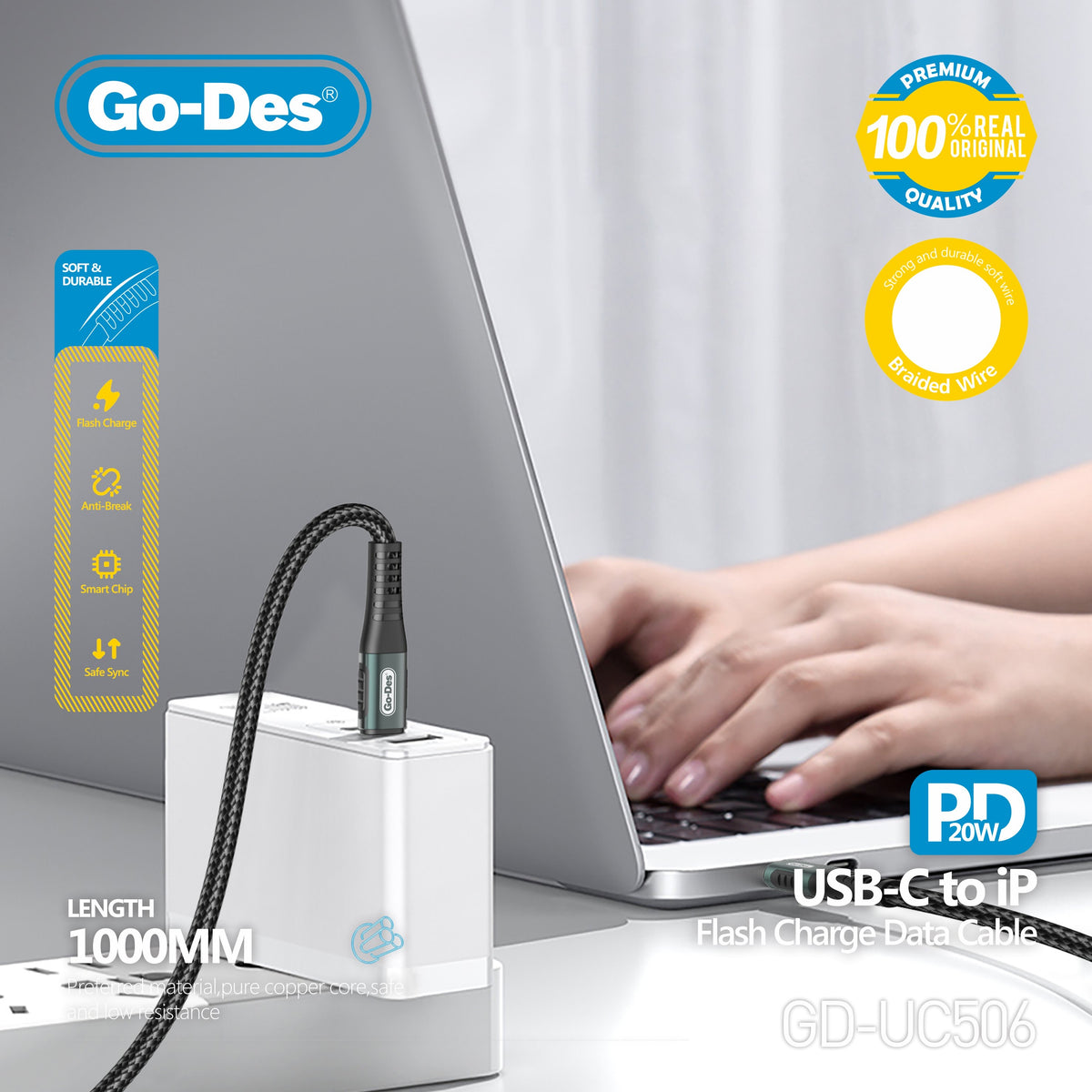 Go-Des Type-C to iPhone PD 20W Fast Charging Cable with Bionic Tip and ...