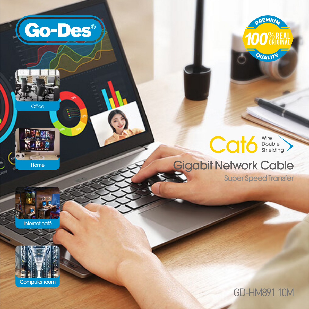 Go-Des Cat6 Gigabit Ethernet Cable RJ45 Network Cable with 3U Gold Pla ...