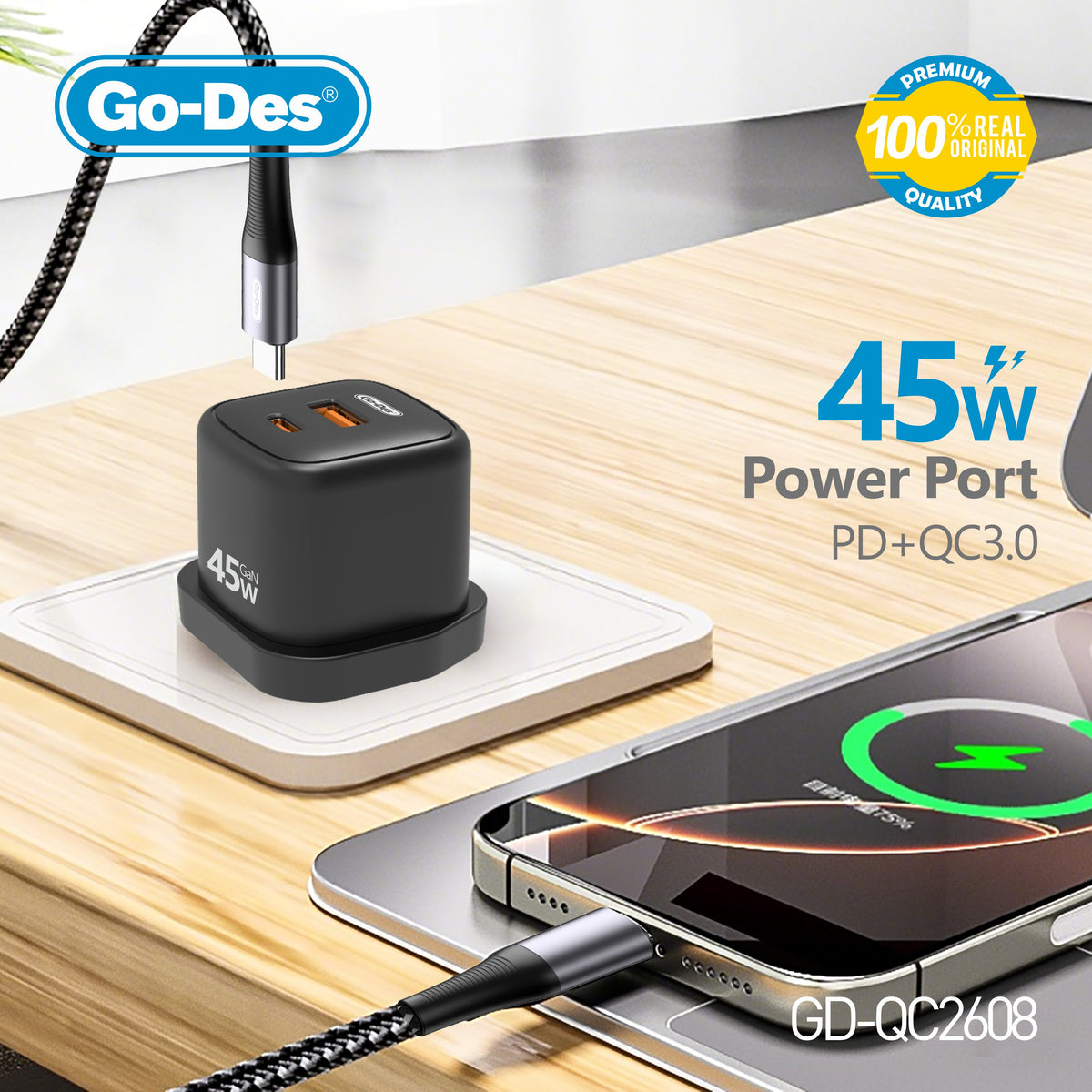Go-Des 45W Dual-Port Fast Charger USB-A QC3.0 + USB-C PD 3 Pin Power A ...