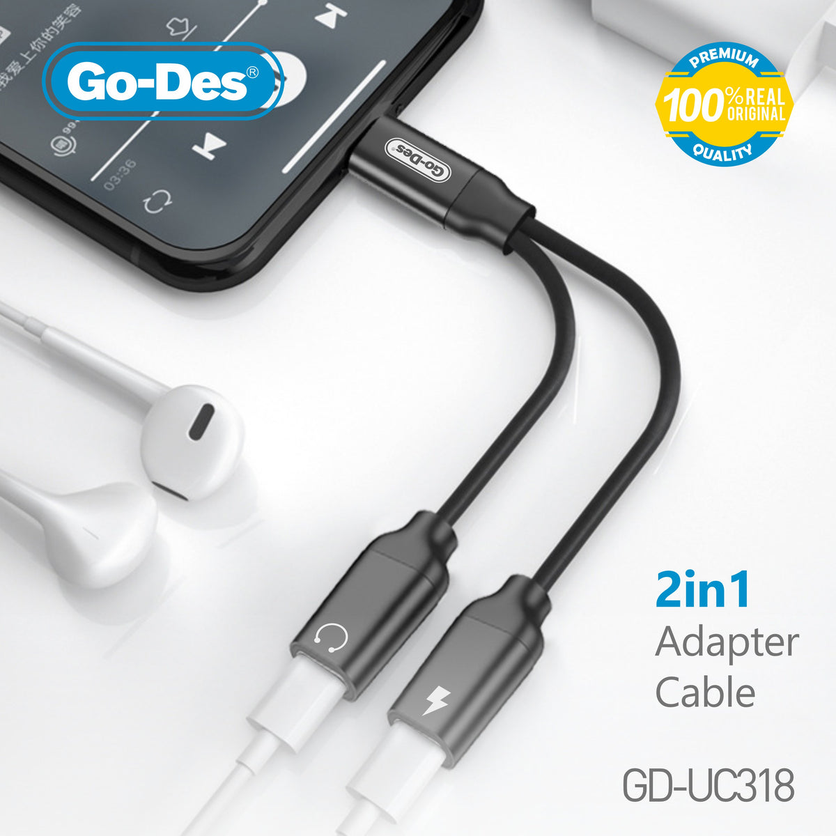 Go-Des Type-C Audio Charging Adapter 2in1 USB-C to USB-C PD Fast Charg ...