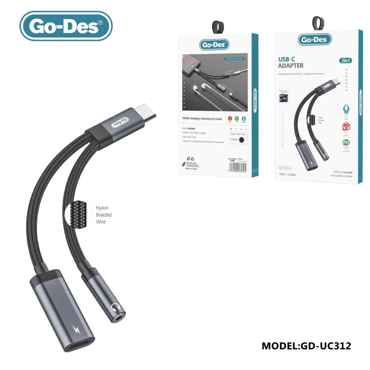 Go-Des 2 in 1 Type C male audio cable to 3.5mm female earphone Jack ad ...