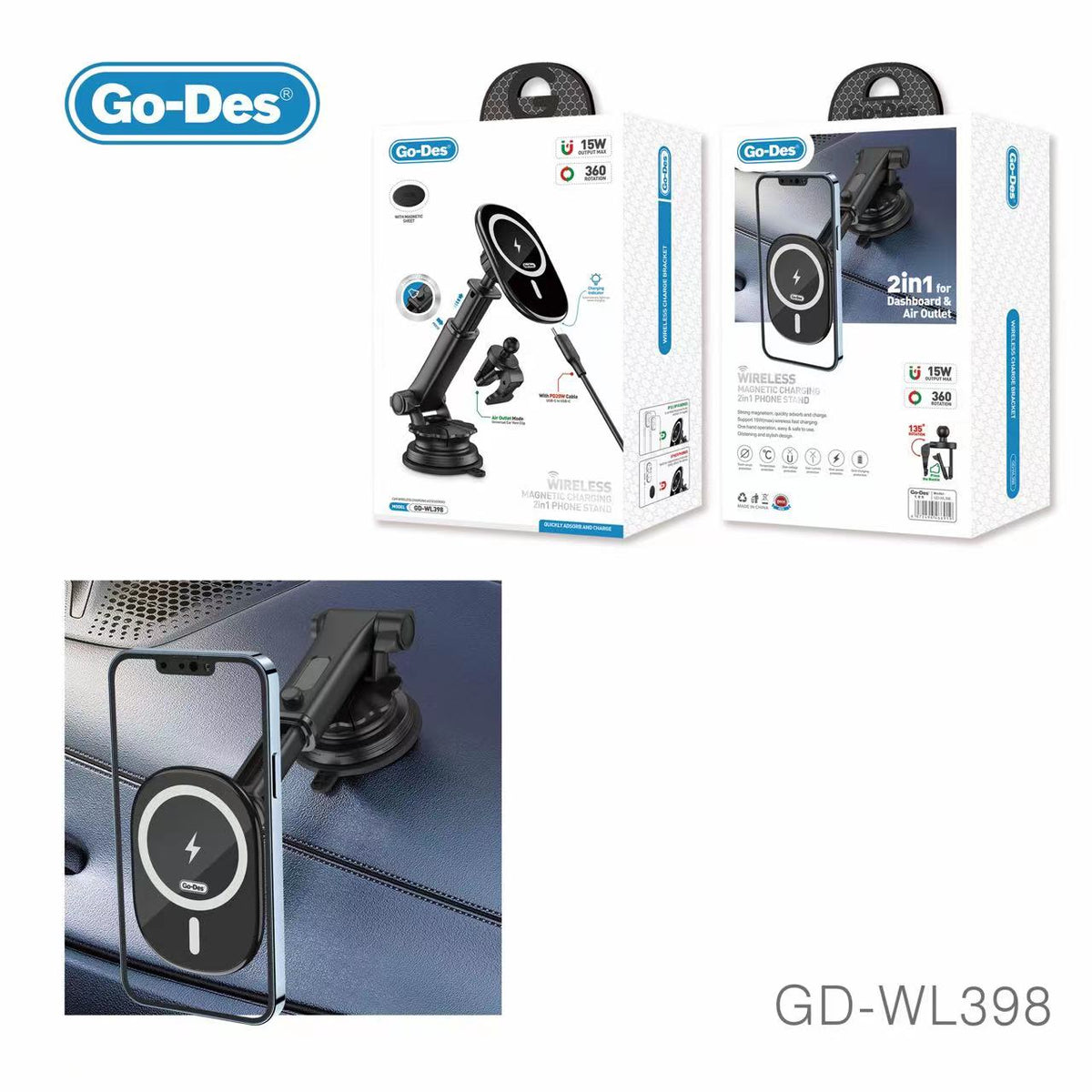 Godes 3 in 1 Car wireless phone charger Qi Fast Charging Dashboard Win ...